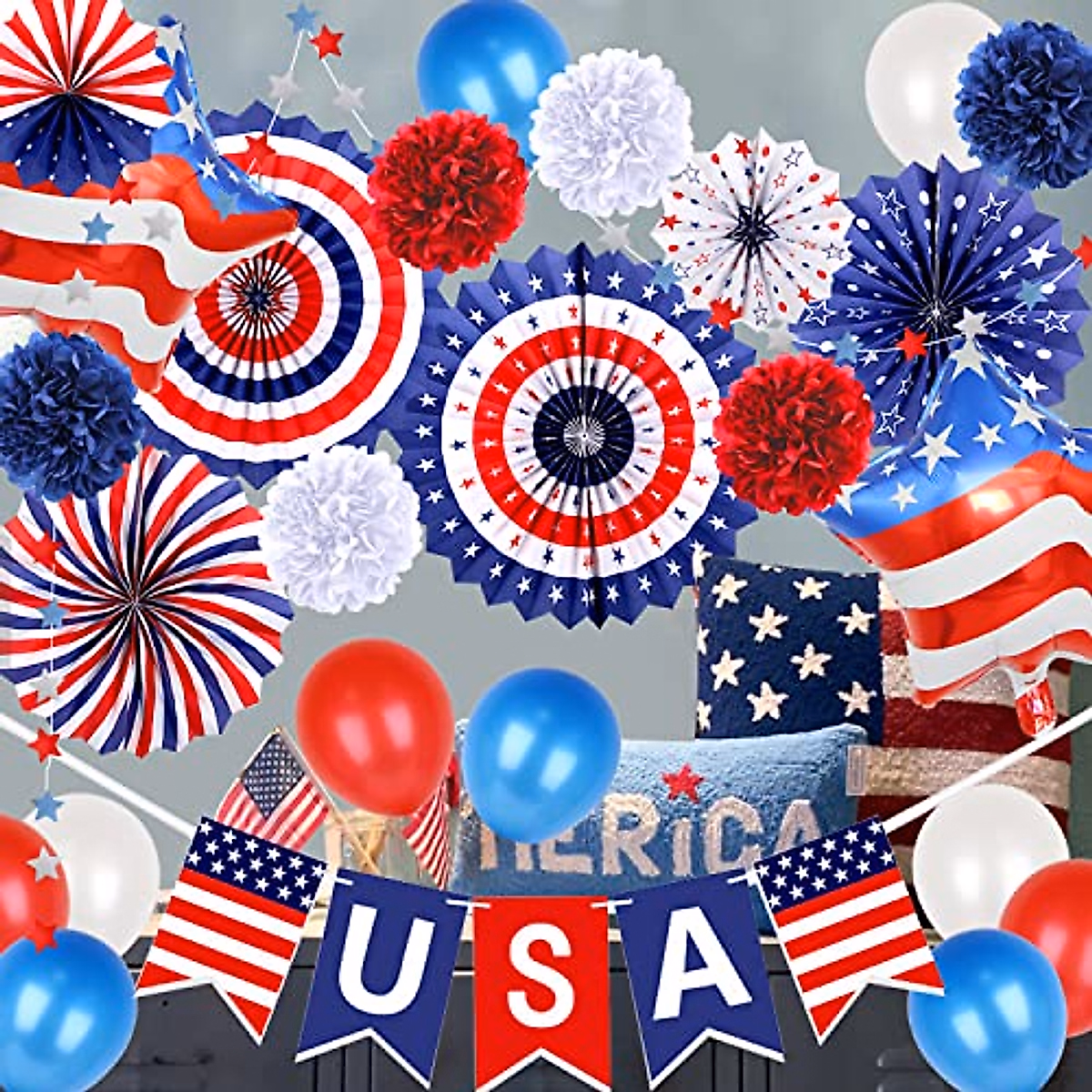 59pcs 4th of July Patriotic Decorations - Fourth of July Decor American Flag Party Supplies, USA Flag Pennant, Red White Blue Paper Fans, Latex balloons, Star Streamer, Hanging Swirls for Memorial Day
