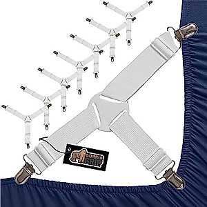 Gorilla Grip Bed Sheet Straps, Adjustable Elastic Fasteners with Metal Clips, Keep in Place Fitted Bedding Holder, Easy Install Suspenders Mattresses, Firm Tight Accessories, 8 Pack White