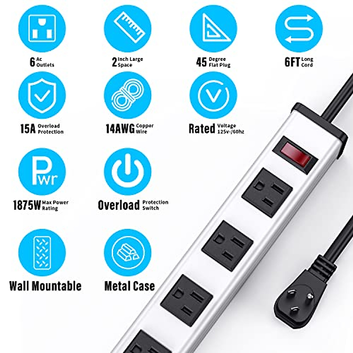 BERIGTTA Angled Flat Plug Metal Power Strip 6 Outlet, Wall Mount Workshop Power Strip with Switch for Home, Office, School, Workshop and Industrial Environments