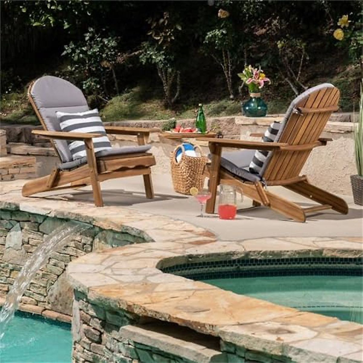 Noble House Malibu Wood Adirondack Chair with Cushion (Set of 2) Natural/Gray