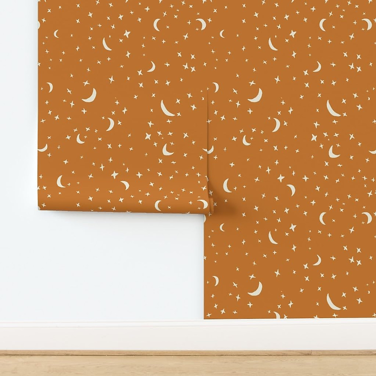 Peel & Stick Wallpaper Swatch - Boho Astrological Burnt Orange Autumn Fall Halloween Celestial Stars and Moon Custom Removable Wallpaper by Spoonflower