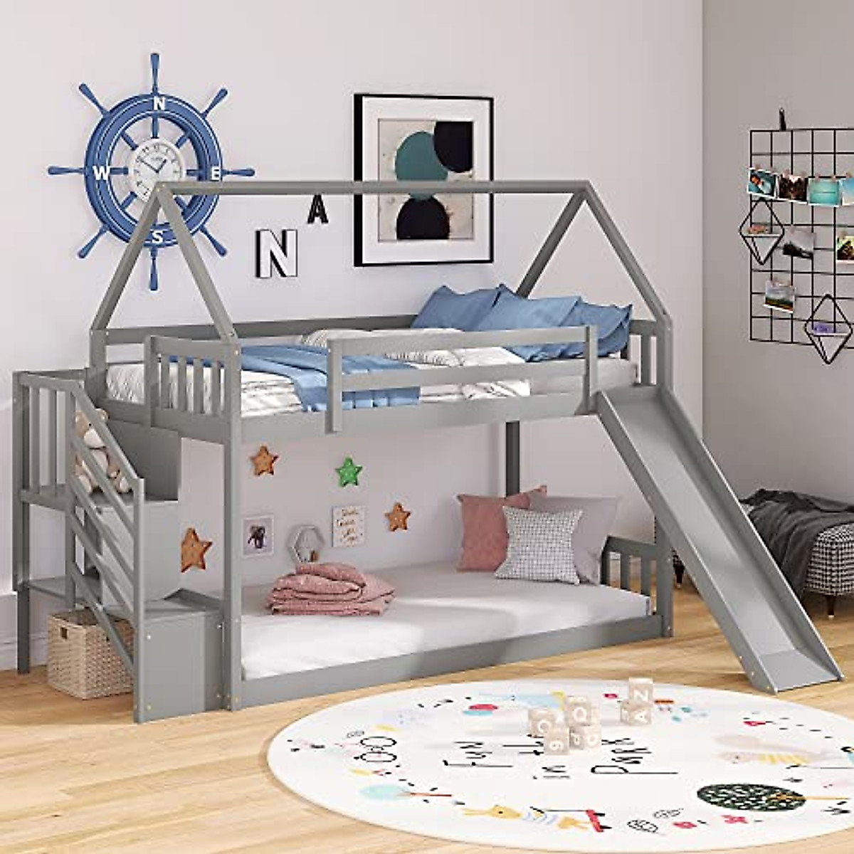 Harper & Bright Designs Low House Bunk Bed with Slide, Wood Twin Over Twin Floor Bunk Bed Frame with Storage Shelves, Roof, Full-Length Guardrail for Toddler, Kids, Boys or Girls, Grey