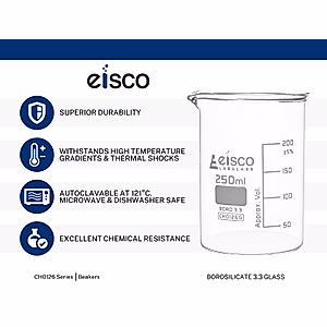 EISCO 6PK Beakers, 1000mL - Low Form with Spout - White, 100mL Graduations - Borosilicate Glass