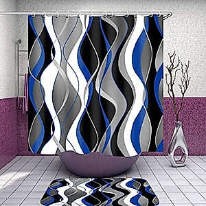Nkzply 4 Pcs Blue and Black Striped Shower Curtain Set Grey and White Bathroom Sets with Shower Curtain and Rugs Modern Home Bathroom Decor Shower Curtains with Rugs and Toilet Lid Cover