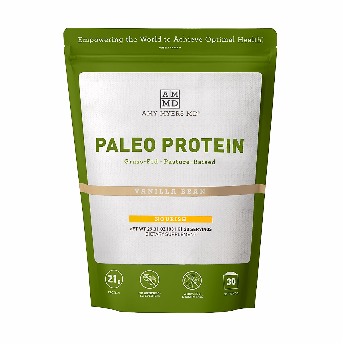 Amy Myers MD Pure Paleo Protein Powder - Clean Grass Fed Pasture Raised Protein - Hormone Free, Non-GMO, Gluten & Dairy Free - Perfect for Keto and Paleo - Vanilla Bean- 29.31 oz (831 g)
