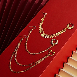 3 Pieces Nose Hoop Chain Rings Double-layer Septum Non Piercing Nose Hoop Ring Dangle Chain Earrings (Gold)