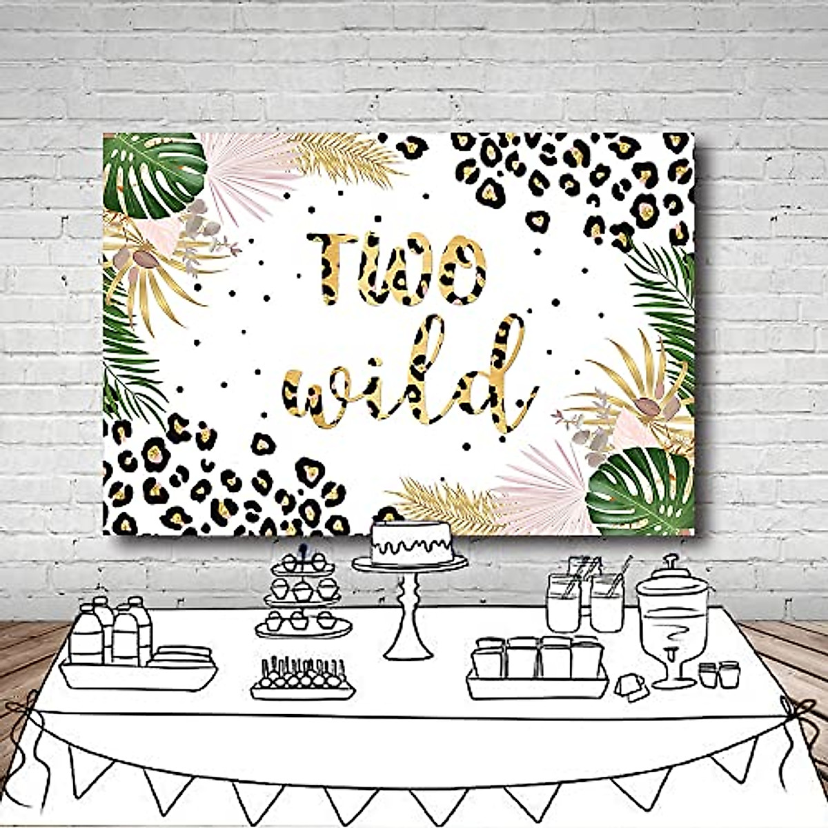 MEHOFOND Two Wild Backdrop for Girls Leopard Pink Jungle Safari Theme 2nd Birthday Party Decoration Background Tropical Leaves Leopard Print Cake Table Banner Supplies 7x5ft
