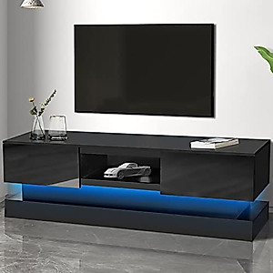 YISUYA Modern Tv Stand, Black Morden TV Stand with LED Lights, High Glossy Front Tv Cabinet, for TV up to 63 Inch, Floor Tv Wall Cabinet, Modern TV Stand, for Living Room or Bedroom