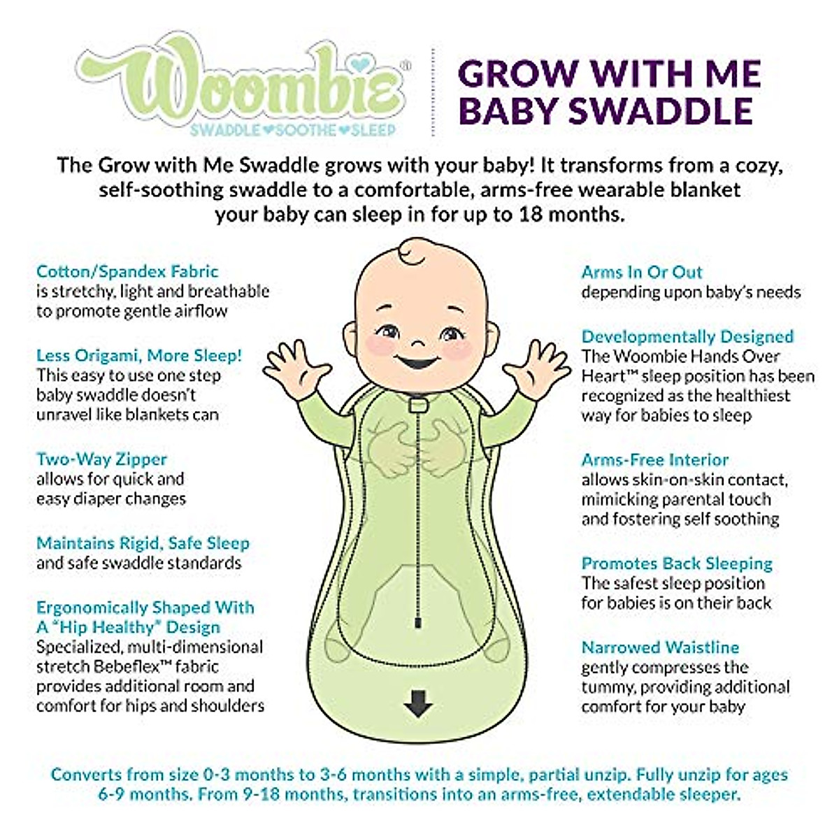 Woombie Grow with Me Air Baby Swaddling Blanket, Convertible Swaddle Fits Babies 0-9 Months, Expands to Wearable Blanket for Babies up to 18 Months, Dream On