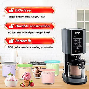 newkaijian Replacement For Ninja Creami Deluxe Pints and Lids-4 Pack & BPA Free, Dishwasher Safe, Colorful Lids, Clear Ice Cream Cups 16oz Compatible with NC300 NC299AMZ Ice Cream Maker