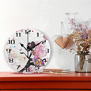 African Black Girl Floral Flower Wall Clock, Garden Butterfly Silent Non Ticking Round Clock for Home Kitchen Bedroom Desktop Stand Bathroom Living Room Decor Office Classroom Clock Art 9.5 Inch