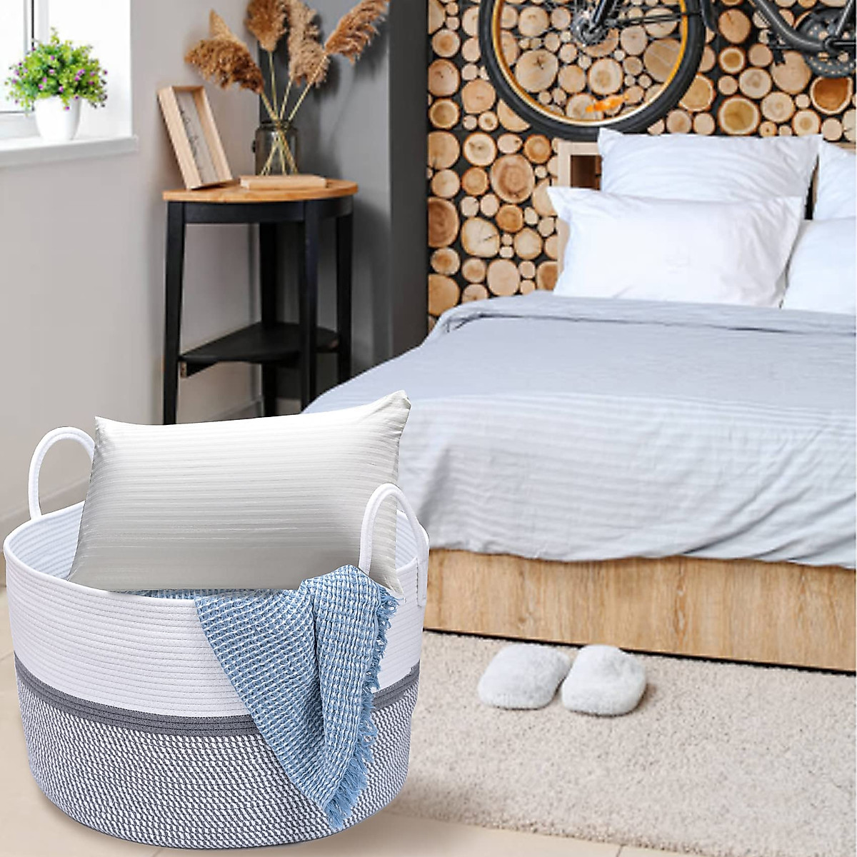 RITHLELA Cotton Rope Basket, Blanket Basket Living Room, Soft & comfortable Woven Laundry Basket, Storage for Kids/Dog Toys, Laundry, Towel, Shoes, Pillow