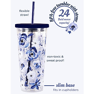 Steel Mill & Co Insulated Cup with Lid and Straw, Floral 24oz Tumbler, Double Wall Travel Cup, BPA-Free Acrylic Tumbler, Fits in Cupholders, Blue Watercolor