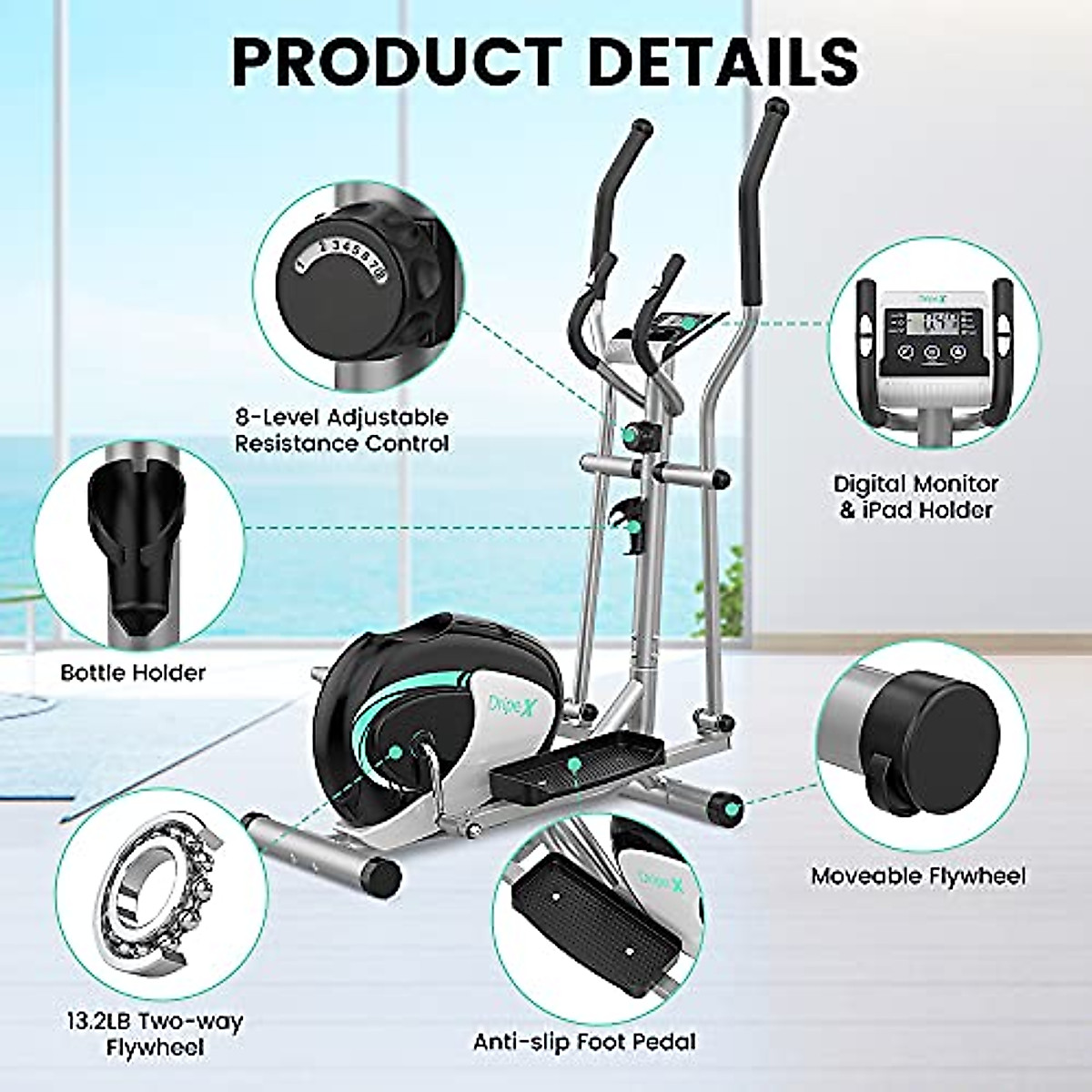 Dripex Elliptical Machines for Home, Cardio Fitness Cross Trainer w/Hyper-Quiet Magnetic Drive System, 8 Resistance Levels, 6KG Flywheel, Heart Rate Sensor, LCD Monitor, Device Holder