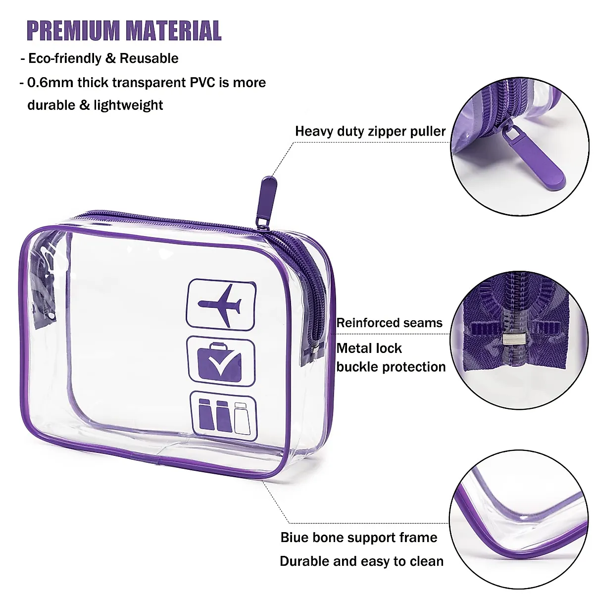 MODENGKONGJIAN TSA Approved Toiletry Bag, 3 Pcs Clear Toiletries Bags Quart Size Travel Makeup Cosmetic Bag for Women Men, Carry on Airport Airline Compliant Bag (Purple)