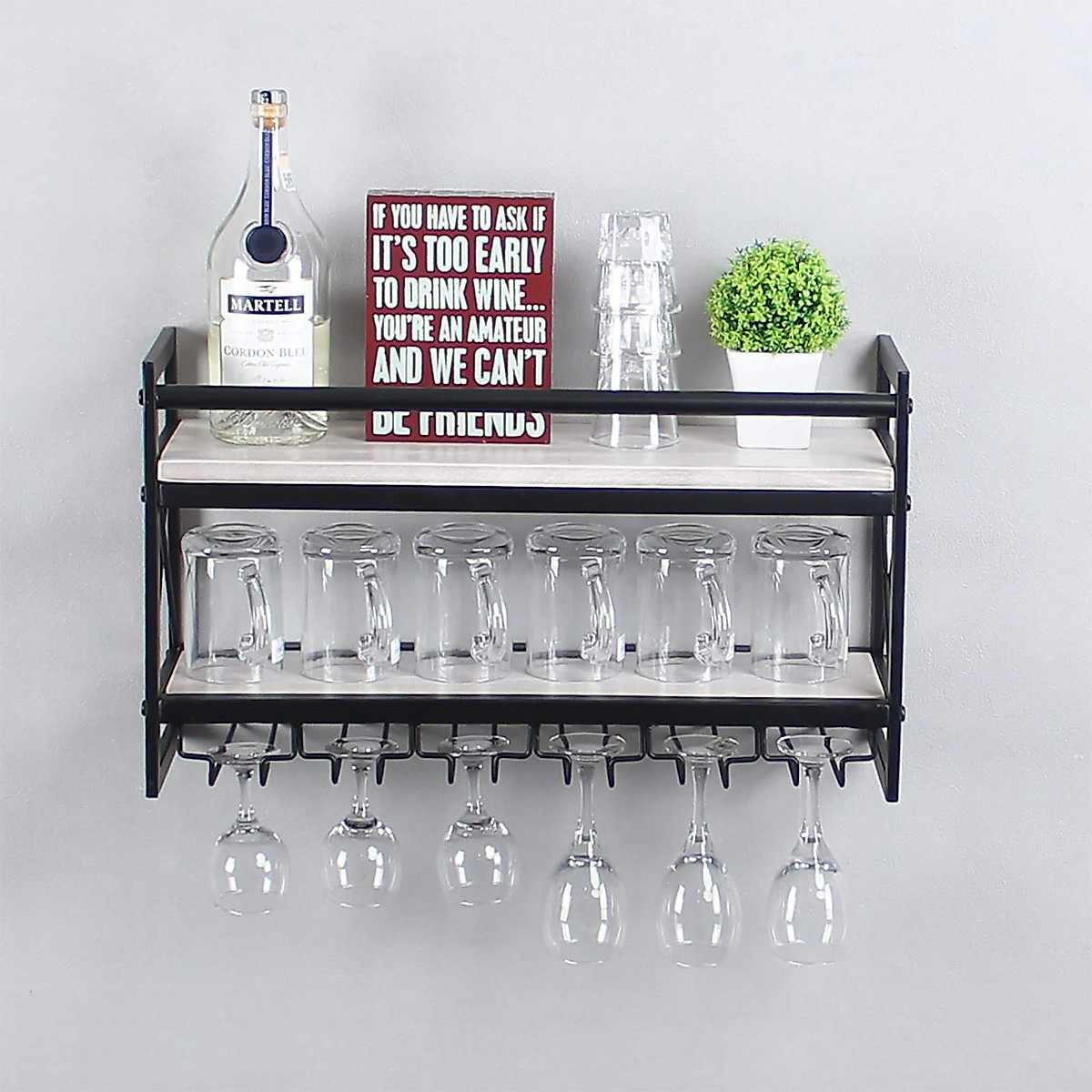 MBQQ Wine Rack Stemware Glass Rack,Industrial 2-Tier Wood Shelf,24in Wall Mounted Wine Racks with 6 Glass Holder for Wine Glasses,Mugs,Home Decor,Black
