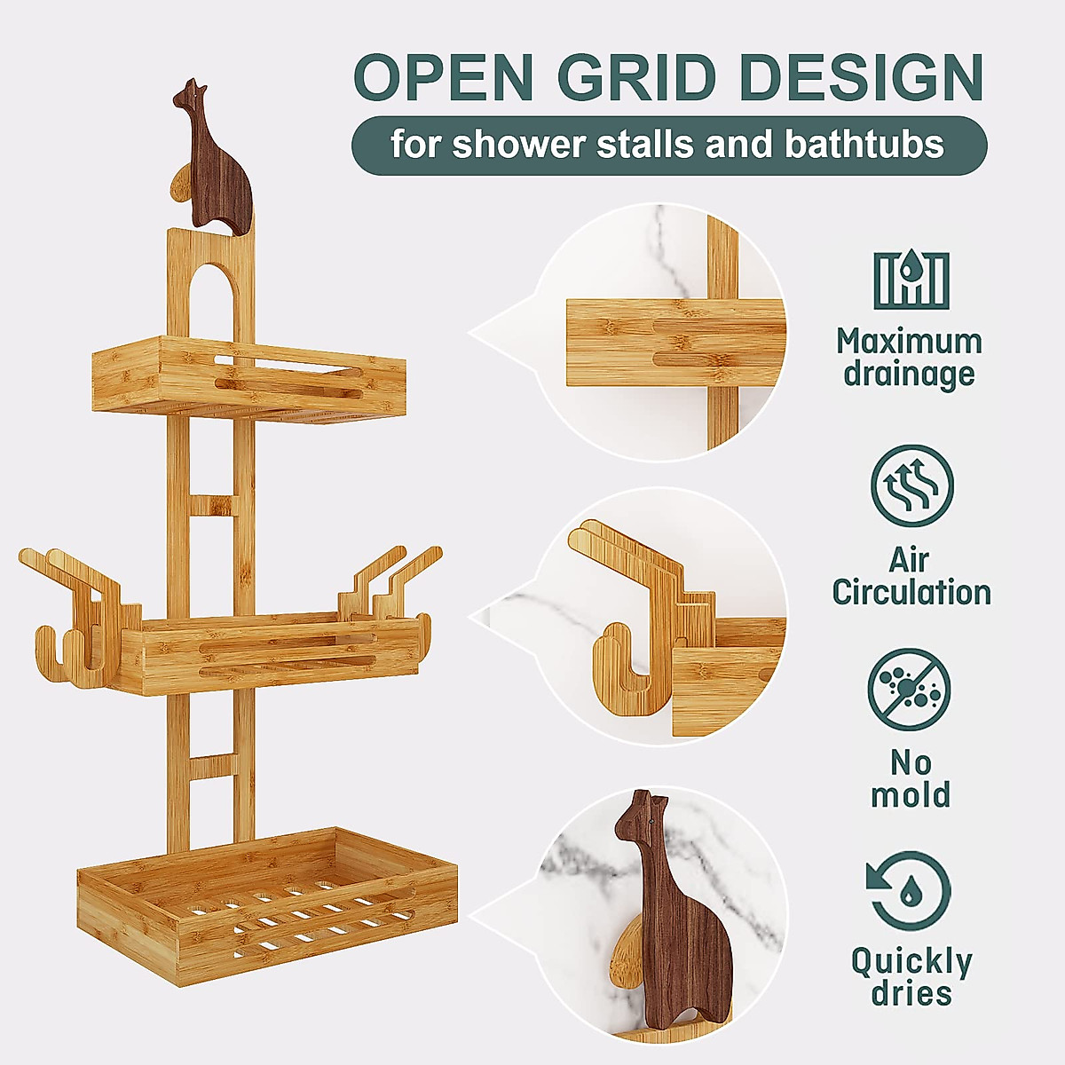 Nuvograin Bamboo Shower Caddy, Bathroom Caddy Hanging, 3 level Bathroom Shower Organizer, Caddy over Shower Head, Hanging Shower Caddy