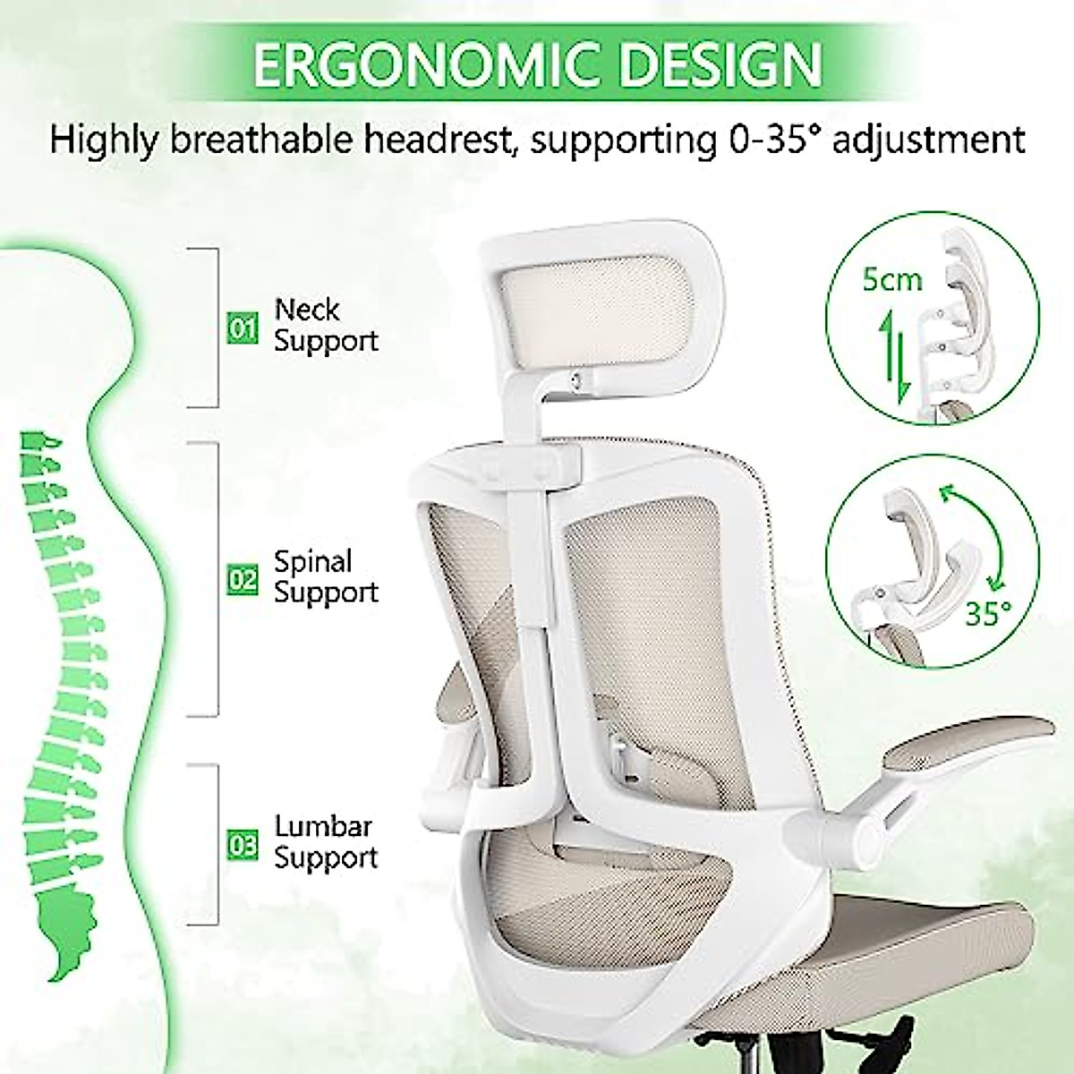 balmstar Ergonomic Office Chair, Home Office Desk Chair with Adjustable Headrest & Lumbar Support, Swivel High Back Computer Chair, Breathable Mesh Desk Chair, PU Silent Wheels, Flip-Up Arms (Khaki)