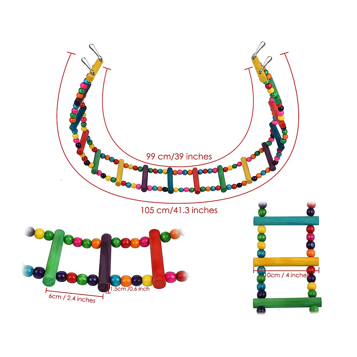 DS. DISTINCTIVE STYLE Bird Ladder Toys Coloured Flexible Parrot Swing Bridge Wooden Cockatiel Cage Hanging Climbing Ladder (39 in (16 Steps))