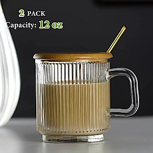 Mfacoy 2 PACK Glass Coffee Mugs with Handle & Spoon, 12 OZ Glass Coffee Cups with Bamboo Lid, Ribbed Glass Cups, Clear Tea Cup for Hot/Cold Beverages, Glassware Set for Americano, Latte, Cappuccino
