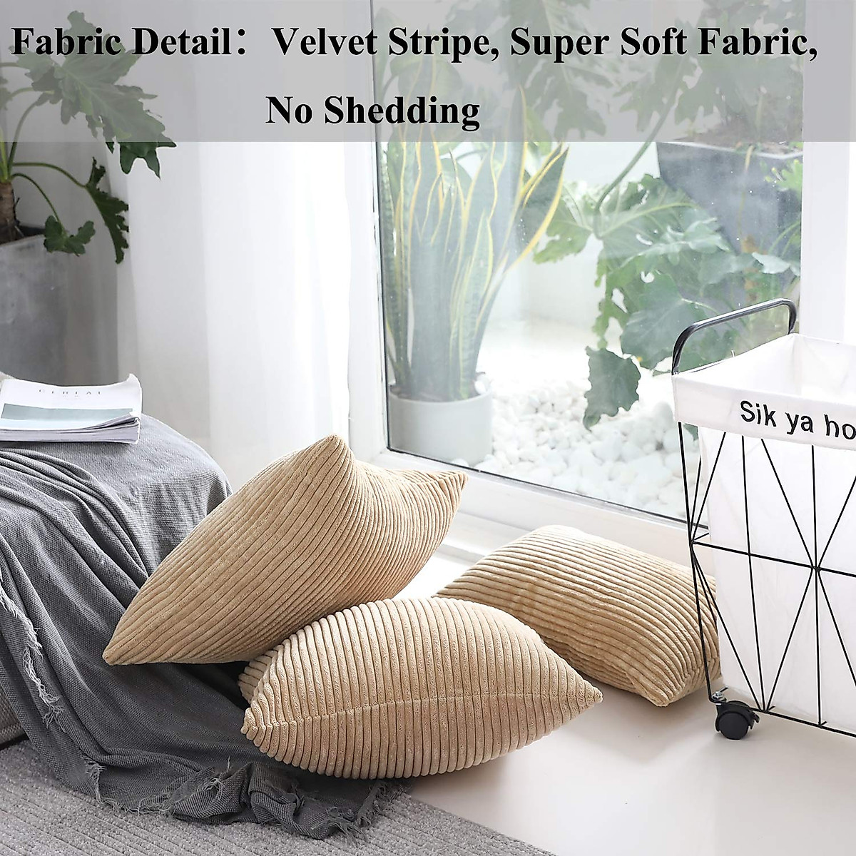 Home Brilliant Supersoft Decorative Pillow Covers Set of 2 Striped Velvet Corduroy Cushion Cover for Chair Couch Sofa, 50x50 cm, 20 x 20 Inch, Taupe