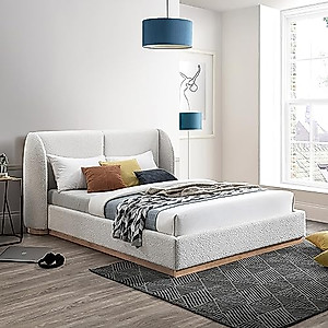 Meridian Furniture JardinCream-Q Jardin Collection Art Deco Queen Bed with Rich Cream Boucle Fabric, Solid Wood Base, Rounded Wing Back Bed, 65.75" W x 90" D x 40.25" H, Cream, Queen