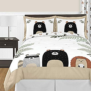 Sweet Jojo Designs Bear Raccoon Hedgehog Forest Animal Decorative Accent Throw Pillows for Woodland Pals Collection - Set of 2 - Neutral Beige, Green, Black and Grey