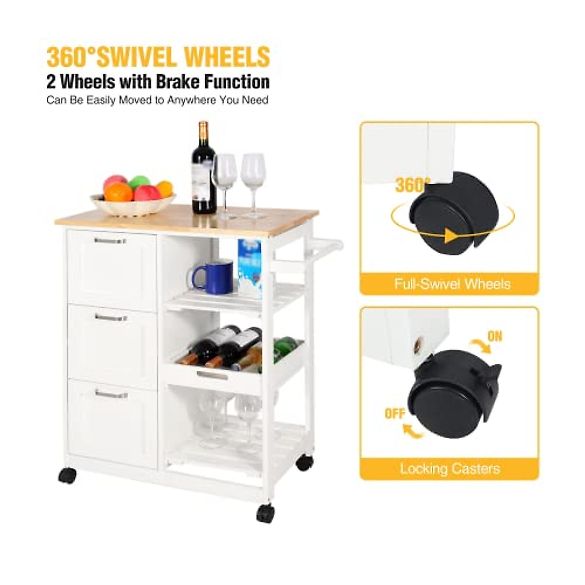 AKVOMBI Rolling Kitchen Island Cart with Wood Countertop, White Kitchen Trolley Carts on Wheels with 3 Drawers, Towel Rack, Adjustable Shelves