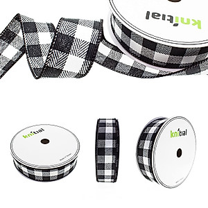 Knitial Wired Buffalo Plaid Ribbon 1-1/2 Inches x 25 Yards Black and White Buffalo Check Ribbon for Gift Wrapping, Crafts, and Decorations