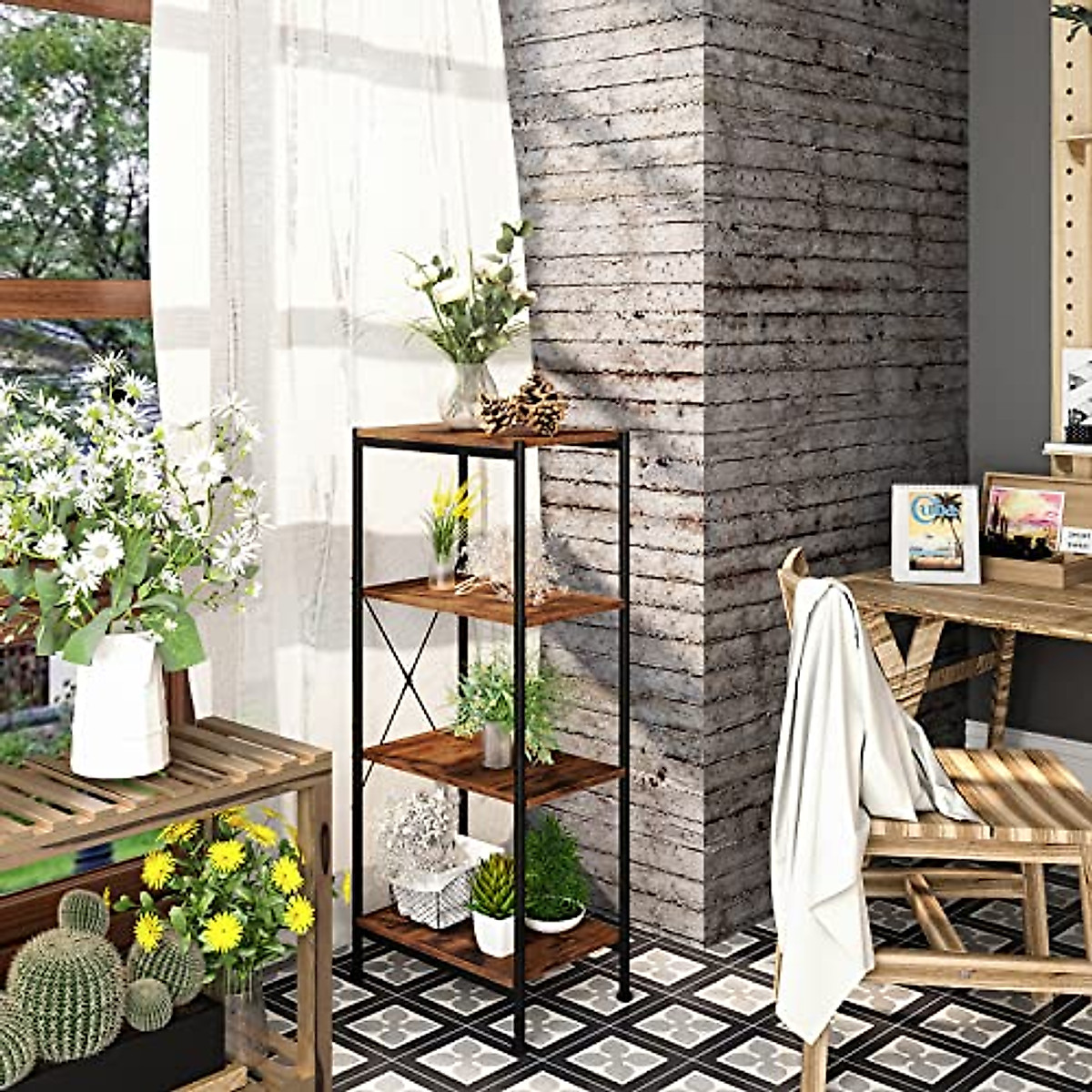 4 Tier Storage Shelves Narrow Shelf Unit Metal Shelves Shelf Free Standing Shelf Organisers Modern Shelf Ladder Shelf Bookshelf for Bathroom Kitchen Bedroom Hallway Steel & Wooden Black & Brown