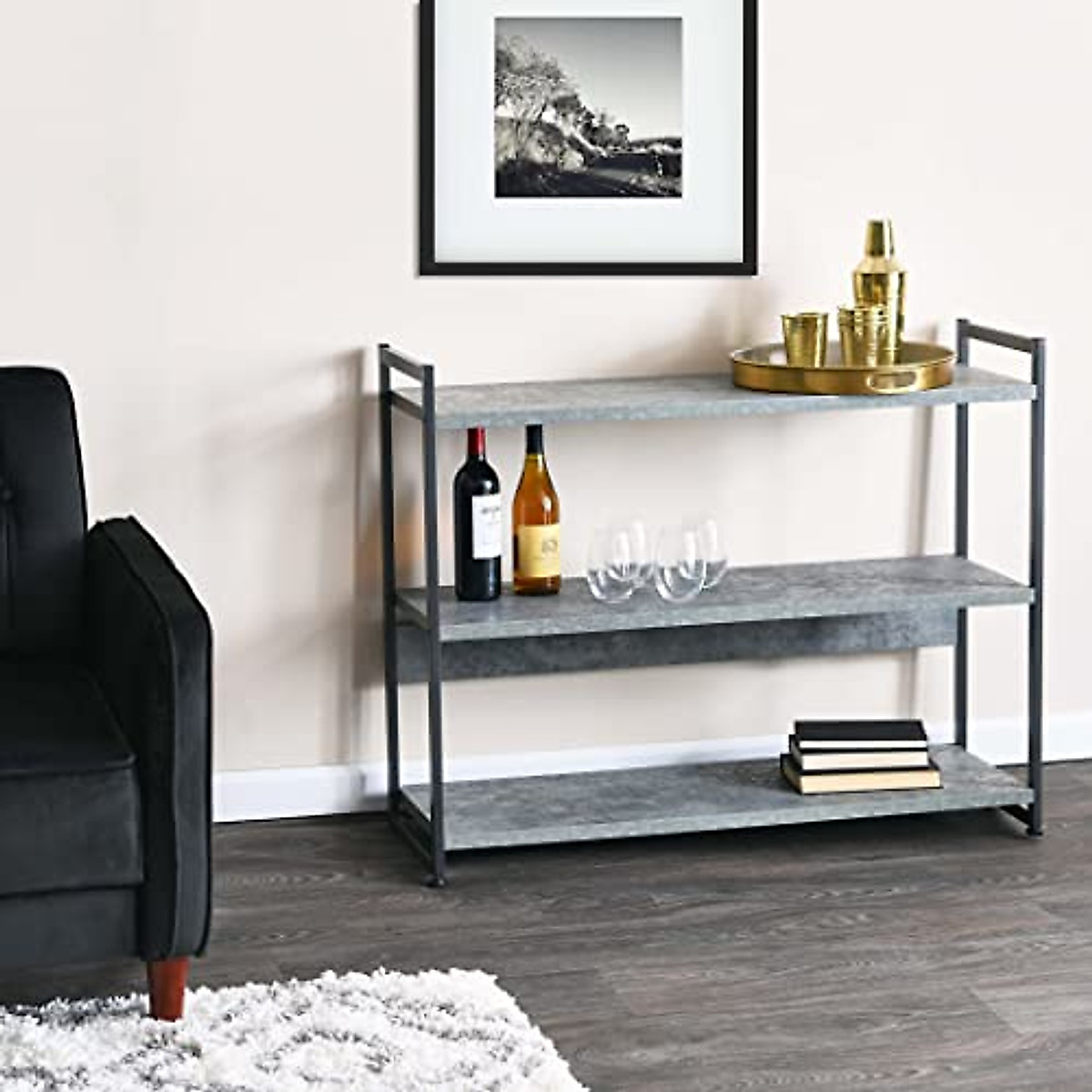 Household Essentials 3 Tier Storage Shelf with Minimalist Metal Frame | 40.5" W x 32.5" H x 13.75" D | Slate Faux Concrete, Grey