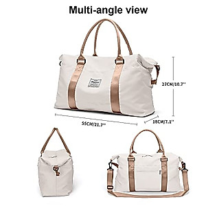 Travel Duffel Bag for Women, Sports Tote Gym Bag, Shoulder Weekender Overnight Bag with Wet Pocket & Trolley Sleeve,Light Beige & Brown