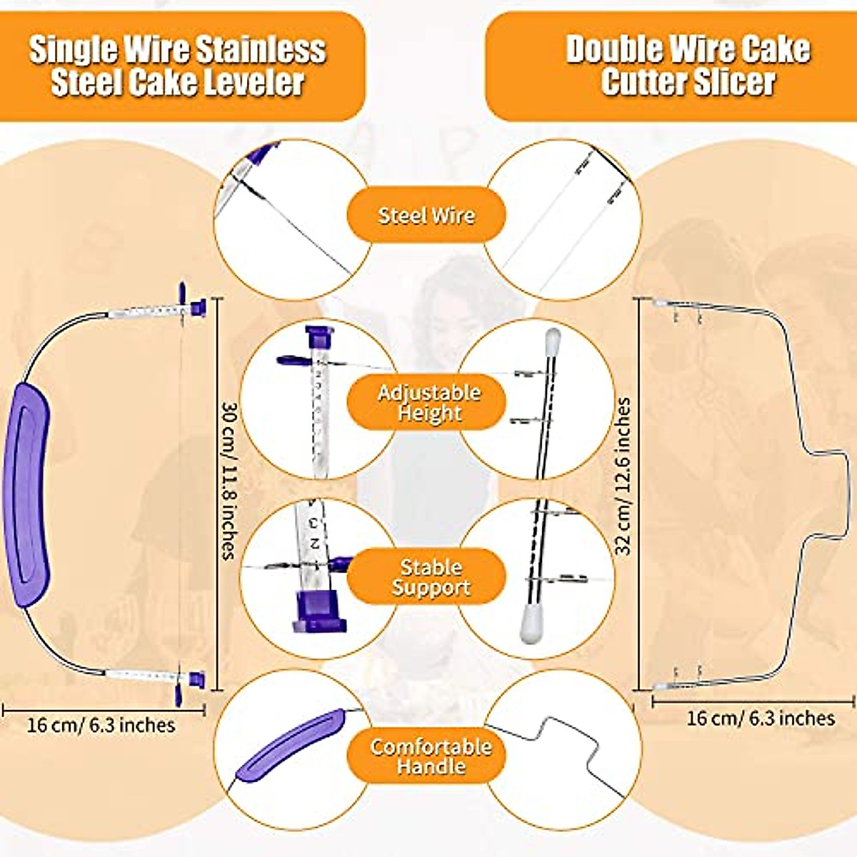 3 Pieces Kitchen Baking Tools, Adjustable Cake Levelers, Double Wire Cake Slicer Levelers and Stainless Steel Cake Knife with Plastic Handle for Wedding Birthday Layer Cake