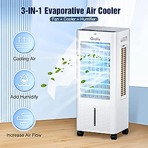 Grelife Evaporative Air Cooler, Portable Cooling Fan with 75° Oscillating, Humidifying, 1.58Gal Water Tank, 4 Ice Packs, Remote Control, 3 Speeds, 12H Timer, Personal Swamp Cooler for Room Home Office