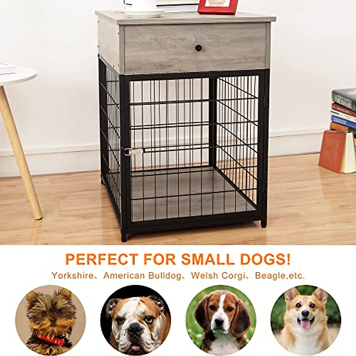 IDEALHOUSE Furniture Dog Crates, Style Wood Kennel End Table, House Indoor Use, Chew-Proof, Flip Top Storage, Casual Home Wooden Pet Crate, Crate Side Grey