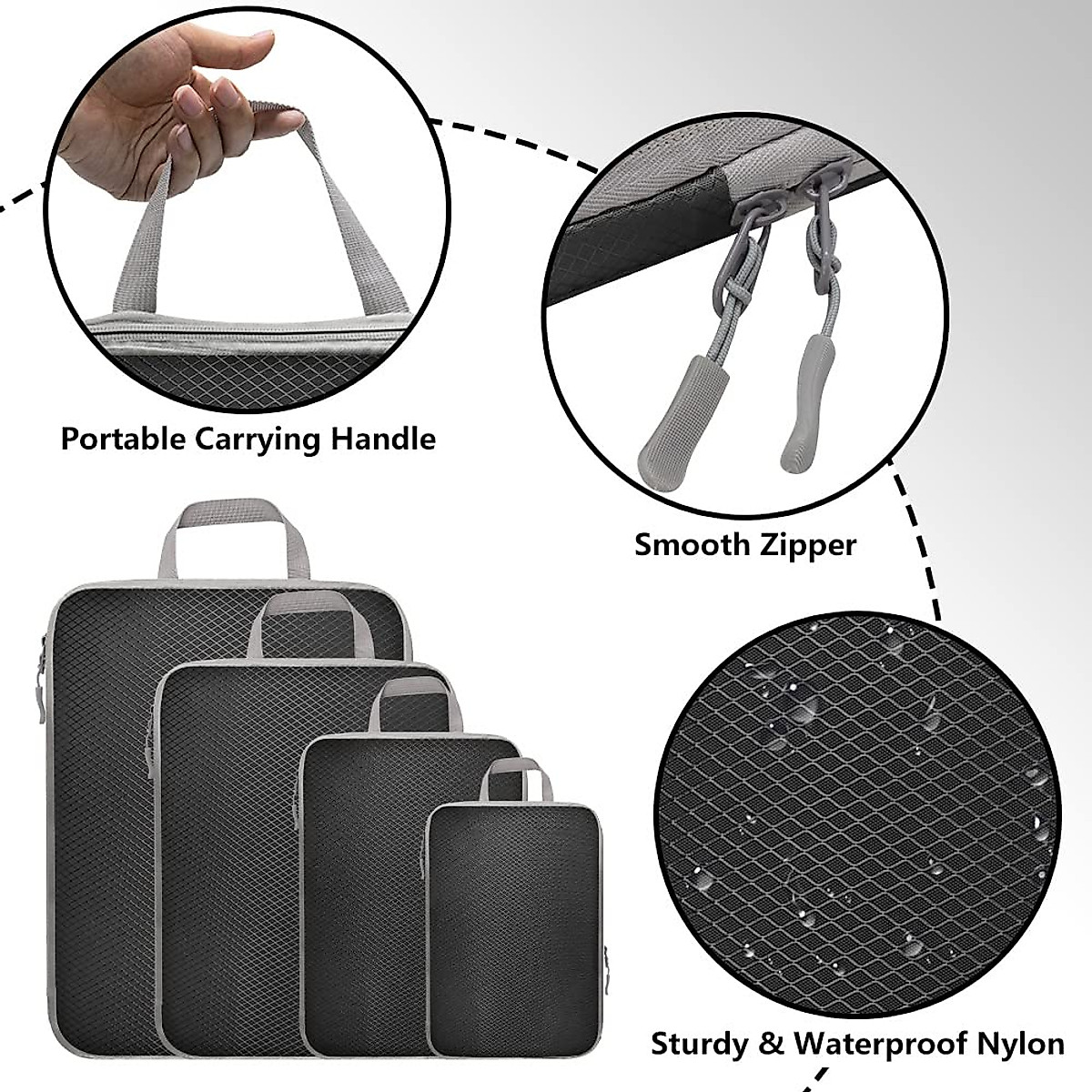 Compression Packing Cubes for Travel, 4 Pack Expandable Storage Bag Luggage Packing Organizers Compression Cubes for Suitcases Backpack (4 Set) (black)