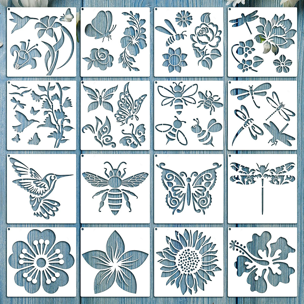 16 Pieces Flower Stencil for Painting Bee Sunflower Butterfly Spring Stencil Large Template Reusable Summer Painting Stencil and Metal Open Ring for DIY Craft on Wood Wall Home Decor(5.1 x 5.1 Inch)