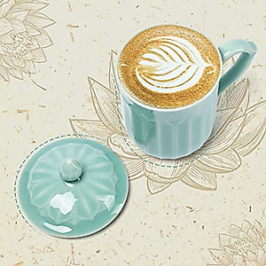 Tingyework Porcelain Lotus Tea Cup with Lid and Handle, 12 oz Unique Coffee Mug, Microwave Dishwasher Safe, Gifts for Women and Men, Aesthetic Chinese Celadon 1 Pack (Sky Blue)