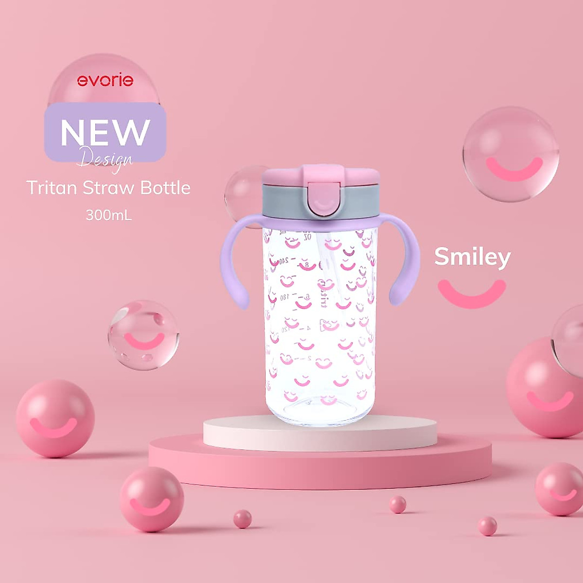 Evorie Tritan Toddler Sippy Cups 10 Oz Kids Water Bottle With Replacement Straw Bundle, Smiles