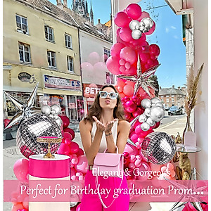 yeewaka Hot pink and silver disco balloon arch garland kit 150pcs with disco ball star mylar balloon for back to 80s 90s DiscoTheme prom Women 30th Birthday last rodeo bachelorette party decorations