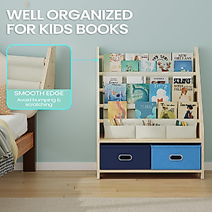 EXPERLAM 4 Tier Kids Book Shelf, Wooden Kids Book Rack Storage Bookshelf with Toy Storage Organizer, Toddler Sling Bookshelf for Boys, Girls, Kids Room, Blue