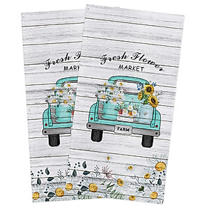 Zadaling Blue Truck Sunflower Daisy Vintage Wood Grain Kitchen Towels, 18x28 Inches Soft Dish Cloth,Cotton Tea Towels/Bar Towels/Hand Towels for Bathroom(2 Pack)
