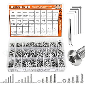 HELIFOUNER 810 Pieces M3 M4 M5 M6 304 Stainless Steel Button Head Socket Cap Metric Screws Bolts, Flat Washers and Nuts Assortment Kit with Hex Wrenches