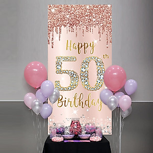 Happy 50th Birthday Door Banner Decorations for Women, Pink Rose Gold 50 Birthday Party Door Cover Sign Backdrop Supplies, Fifty Year Old Birthday Poster Background Photo Booth Props Decor