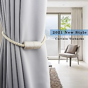 Porlau 2 Pack Beige Strong Magnetic Curtain Tiebacks Outdoor Elegant Decorative Tie Backs Modern Rope Tiebacks for Drapes Window Curtain Holdbacks for Draperies