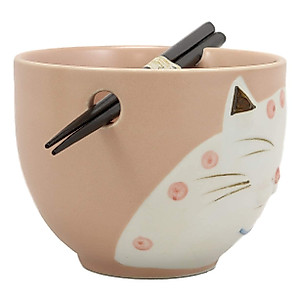 Ebros Whimsical Ceramic Peachy Pink Lucky Meow Cat Pasta Ramen Udong Pho Noodles Soup Bowl and Chopsticks Set Dining Gourmet Meal Feline Cats Collection Rice Bowls Decor Kitchen