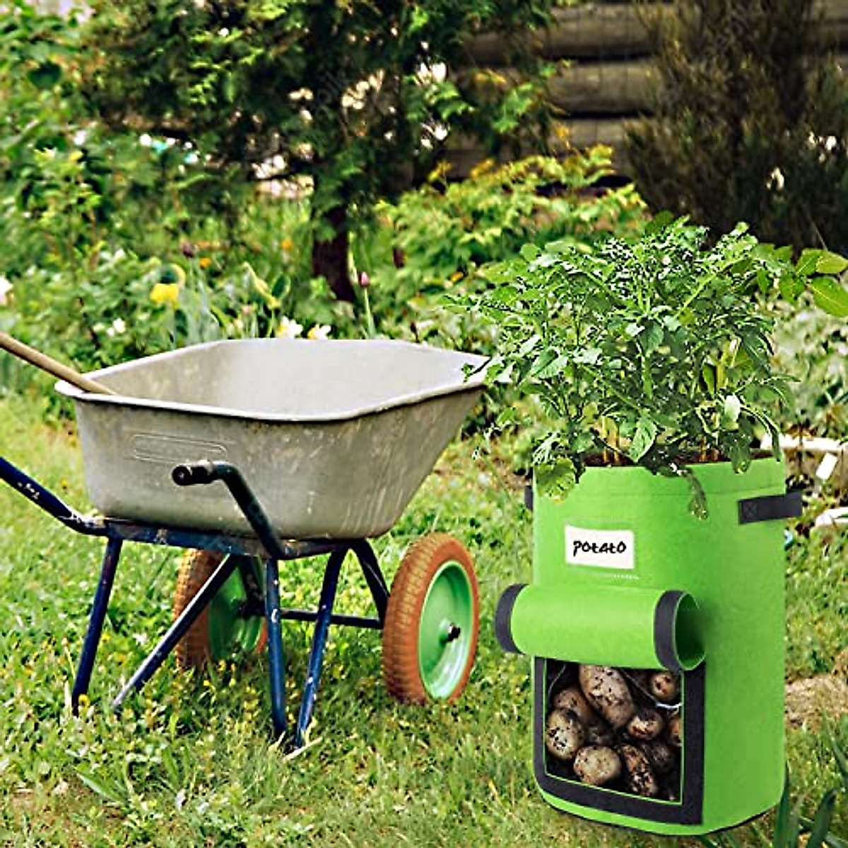 Potato Grow Bags with Flap, 4 Pack 10 Gallon Planter Bags with Harvest Window and Durable Handles, Garden Non-Woven Fabric Grow Bags for Potato Tomato and Vegetables