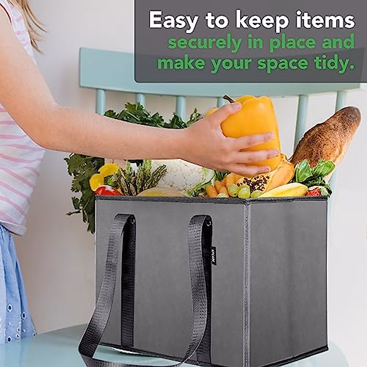 XPCARE 4Pack Reusable Grocery Bags - Heavy Duty Reusable Shopping Bags with Box Shape to Stand Up, Stay Open, Fold Flat - Foldable Grocery Tote Bag with Long Handles & Reinforced Bottom Grey