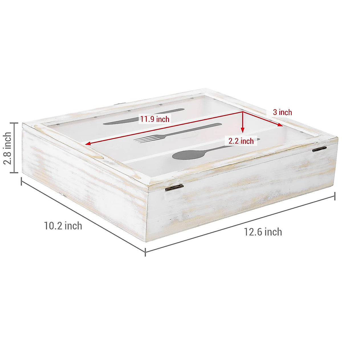 MyGift Rustic Whitewashed Wood Cutlery Tray Case with Acrylic Lid and Latch Lock, Buffet Table Utensils Flatware Server Caddy, Spoon and Fork Holder