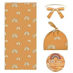 4 Pieces Light Yellow Rainbow Baby Swaddle Set Muslin Baby Swaddle Blanket Matching Hat Bow Headband Wooden Birth Announcement Card for Hospital Newborn Boy Girl 0-3 Months Receiving (40 x 40 Inch)